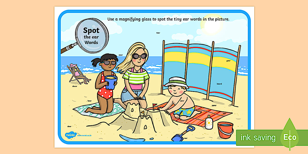 Phase 3 ear Words Beach Scene Magnifying Glass Worksheet / Worksheet