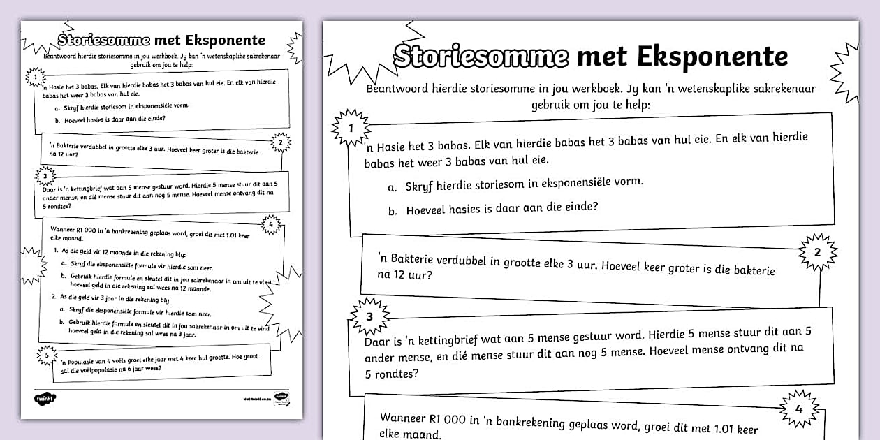 Graad 7 Wiskunde:Storiesomme Met Eksponente (teacher made)