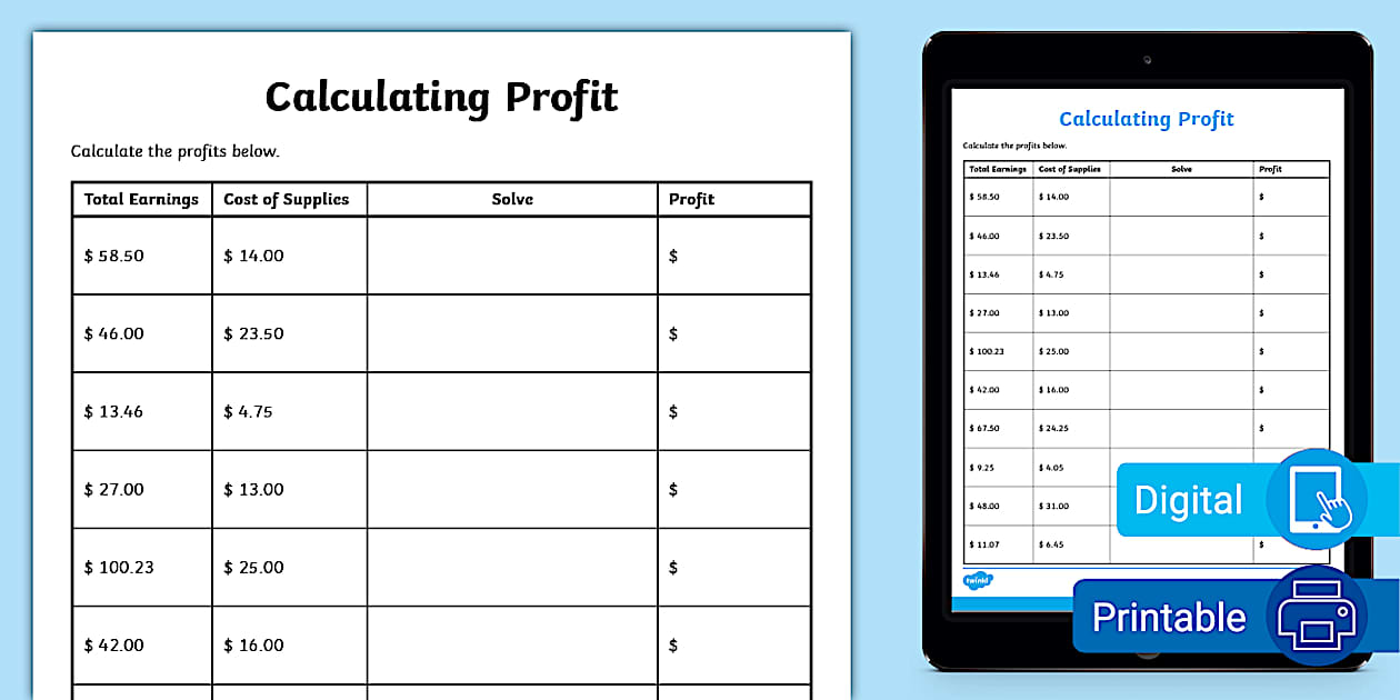 Fourth Grade Calculating Profit Activity Sheet - Twinkl