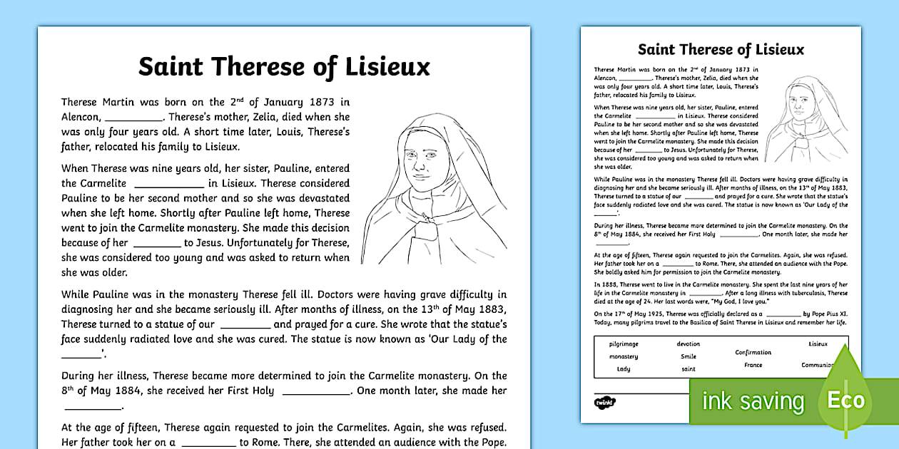 Cursive Saint Therese of Lisieux Cloze Writing Worksheet
