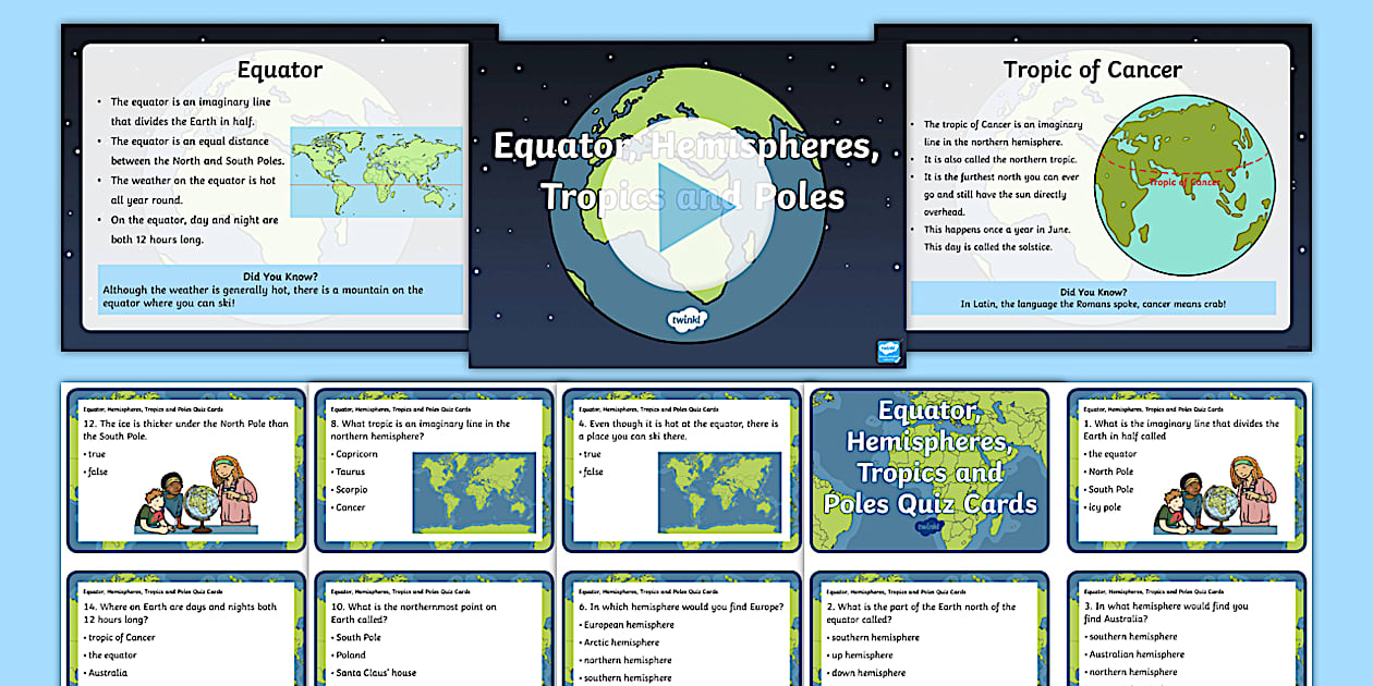 SA Equator, Hemispheres, Tropics and Poles PowerPoint and Quiz Card Resource