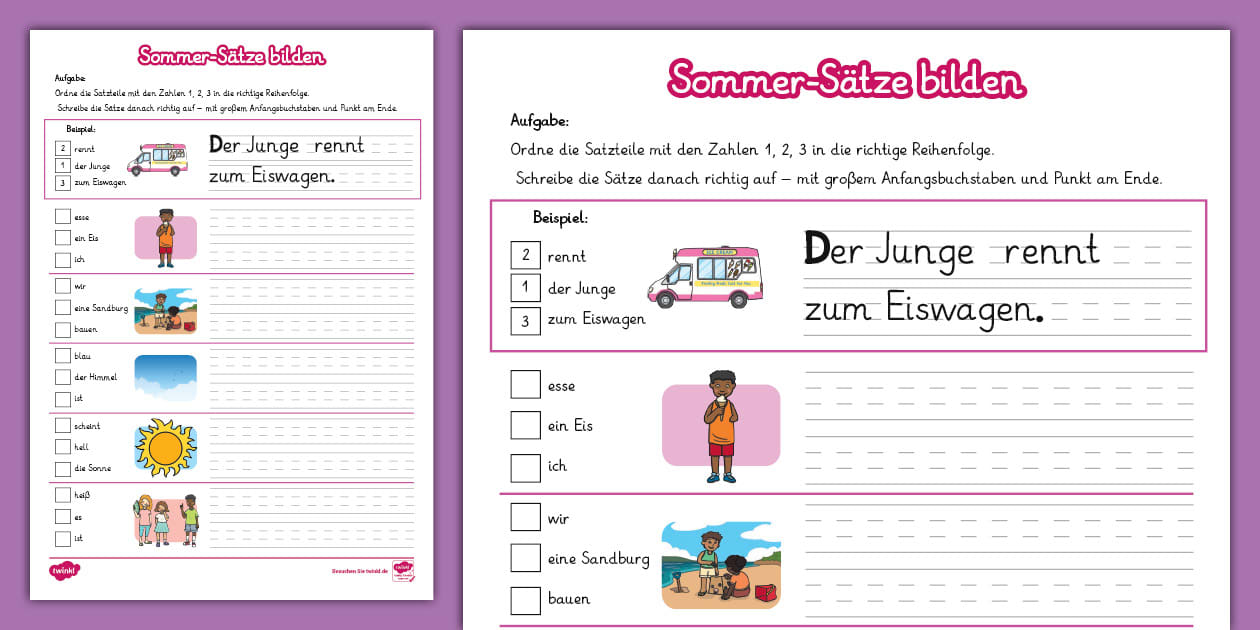 Arbeitsblatt Sommer-Sätze bilden (teacher made) - Twinkl
