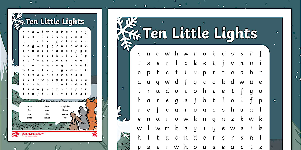 Black and White Ten Little Lights Word Search (teacher made)