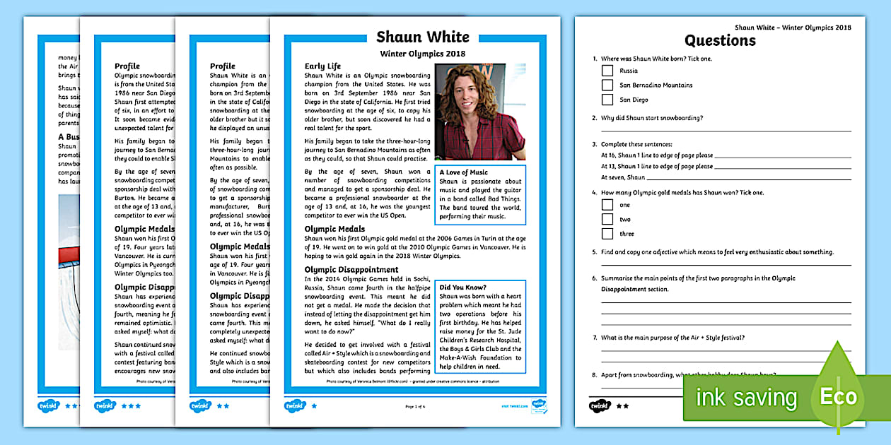 KS2 Shaun White 2018 Winter Olympic Athlete Differentiated Reading