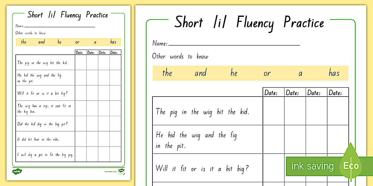 Short i Fluency Record (teacher made) - Twinkl