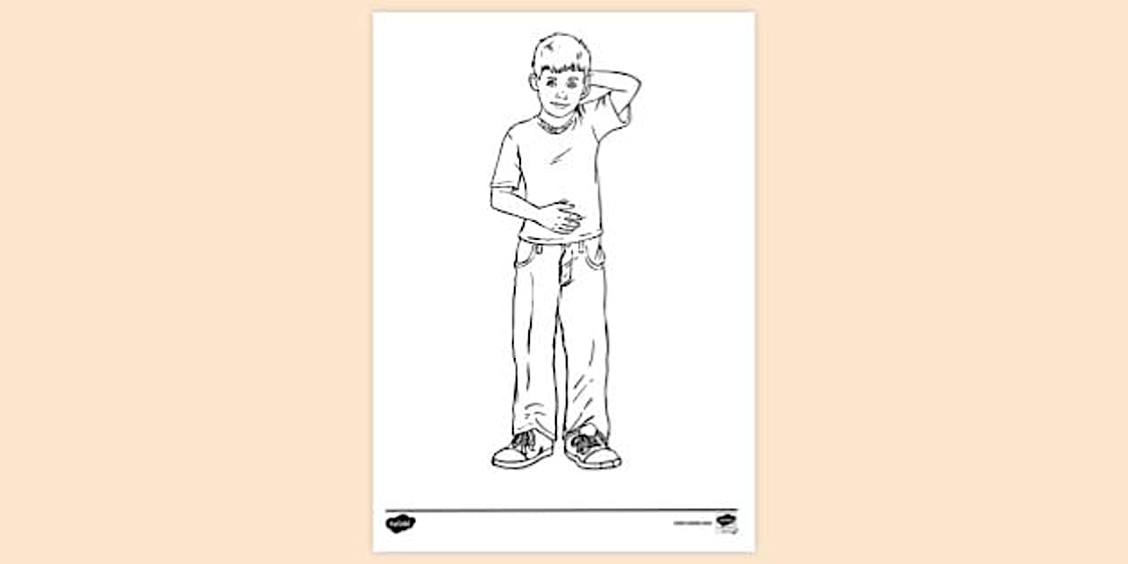 Boy Rubbing Tummy Colouring Sheet (teacher made) - Twinkl