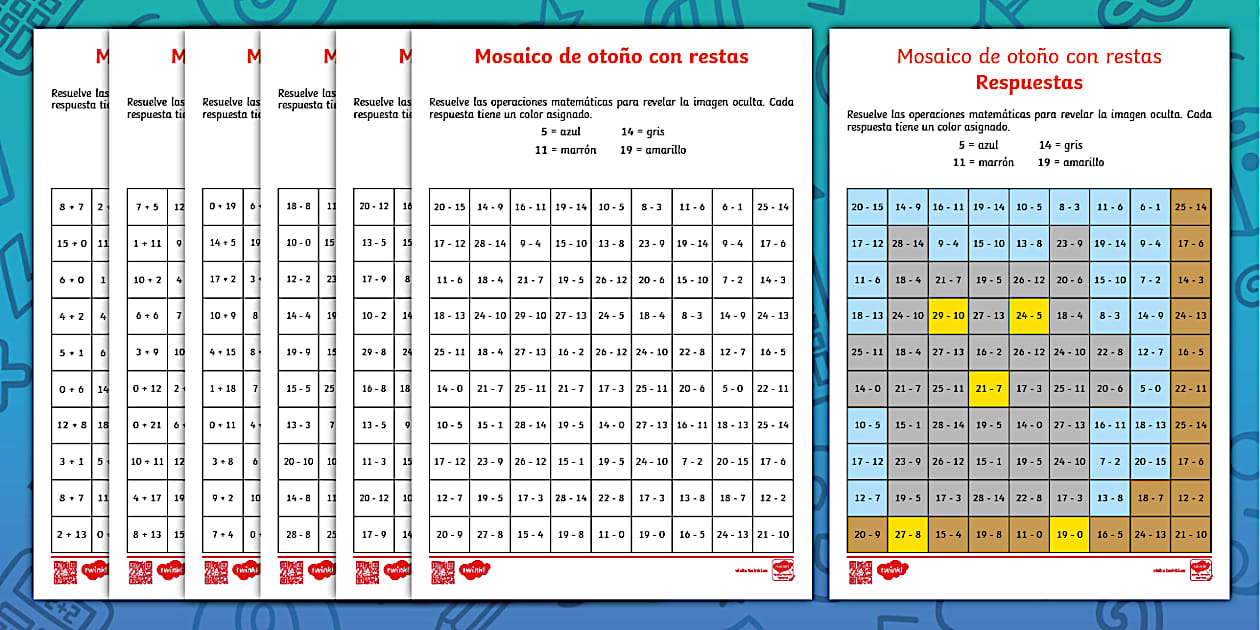 Fichas de actividad: Mosaicos de otoño con sumas y restas