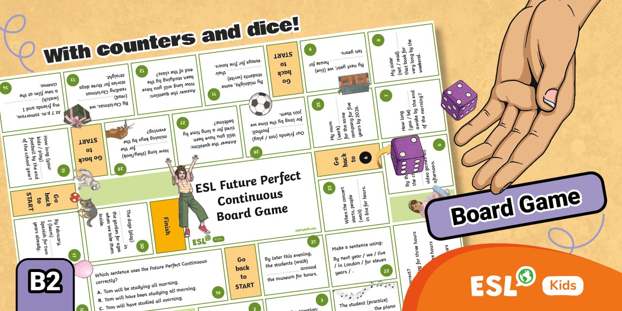 ESL Future Perfect Continuous Board Game [Kids, B2]