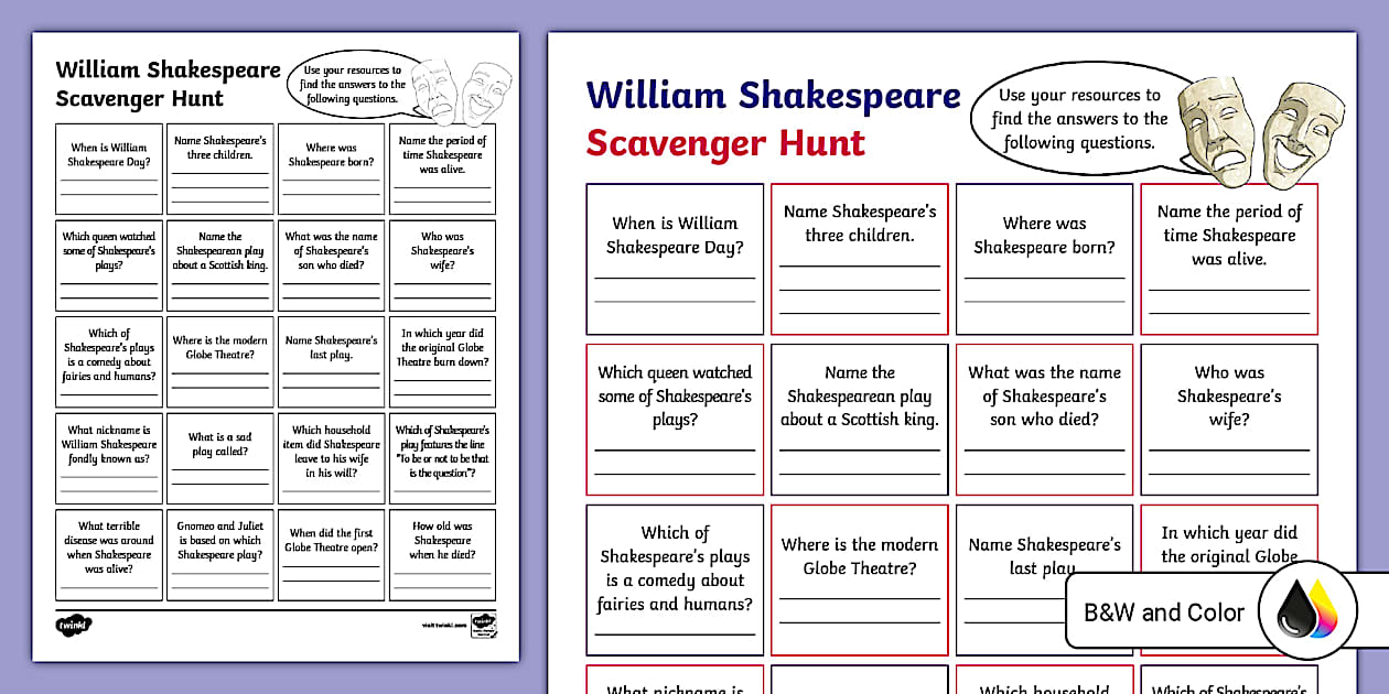 Shakespeare Scavenger Hunt Activity for 6th-8th Grade