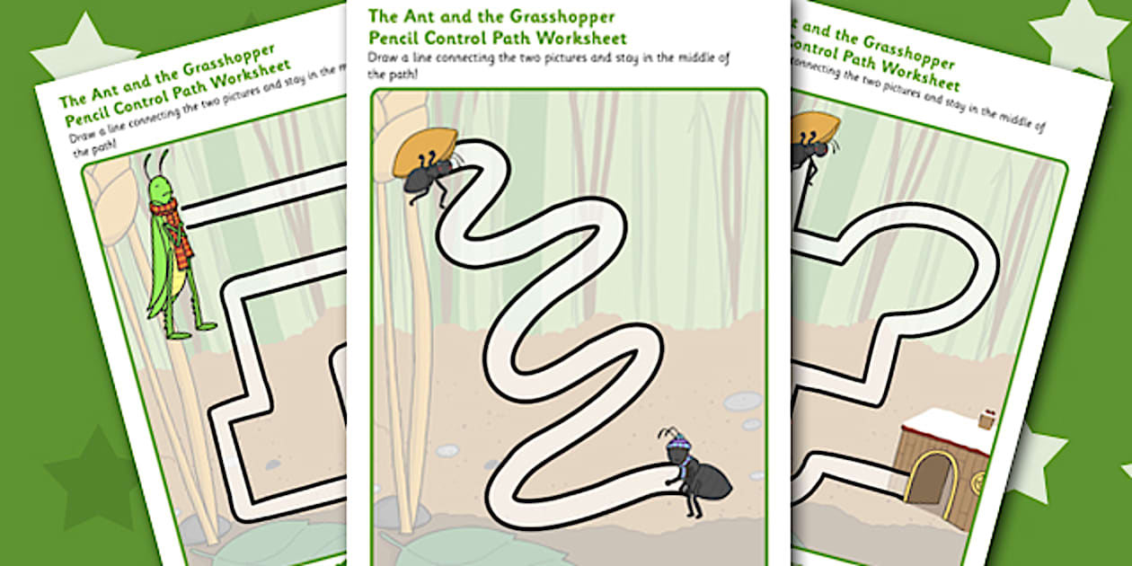 The Ant and the Grasshopper Pencil Control Path Worksheets - Ant