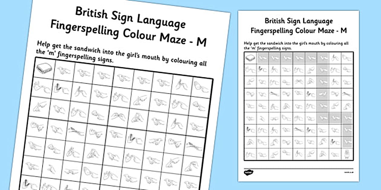 British Sign Language Left Handed Fingerspelling Colour Maze M