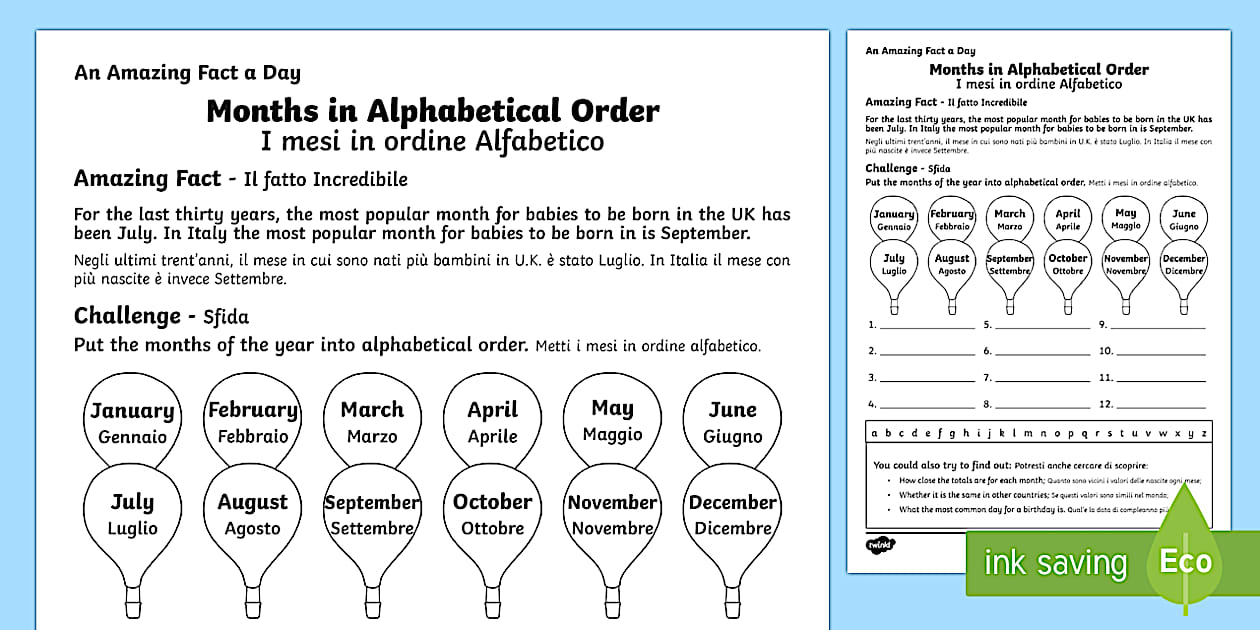 Months in Alphabetical Order Worksheet / Worksheet Italian/English