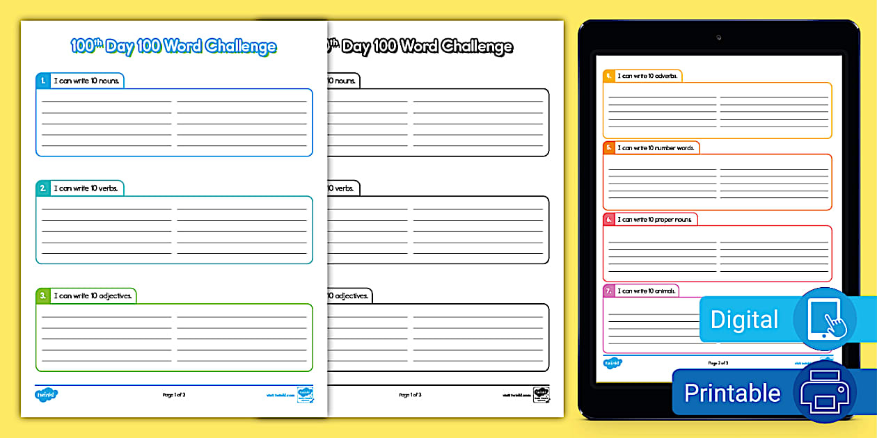 100 Words for the 100th Day of School Challenge | Twinkl