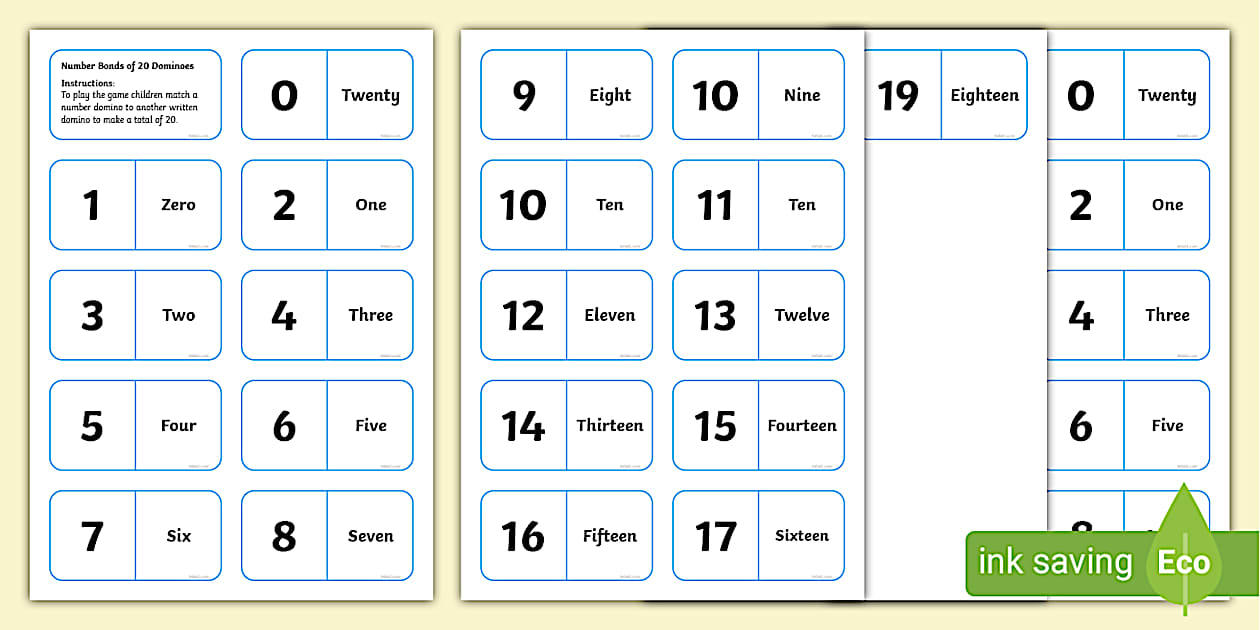 Number Bonds to 20 Dominoes (teacher made) - Twinkl
