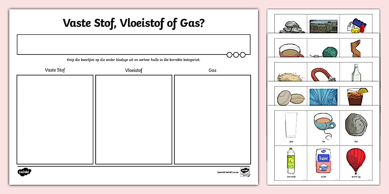 Vastestof, Vloeistof en Gas Sorteer Aktiwiteit - Twinkl