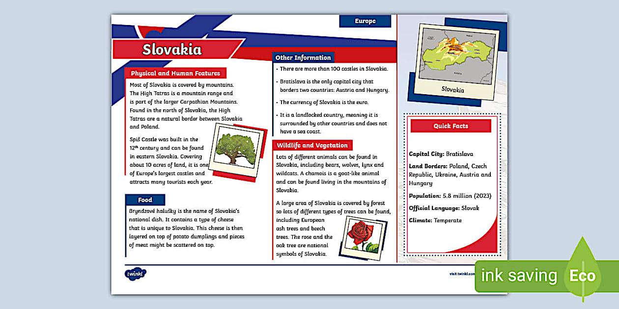 KS2 Slovakia Fact File - Geography - Europe (teacher made)