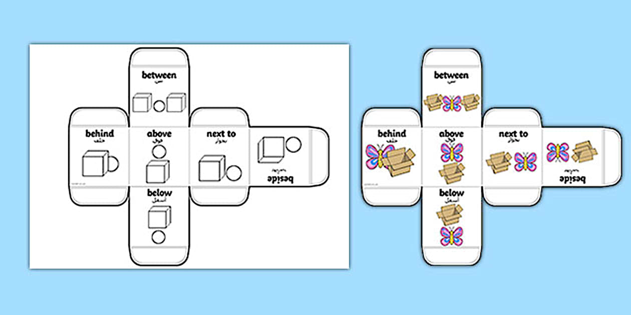 Prepositions Dice 2 Arabic Translation - Twinkl