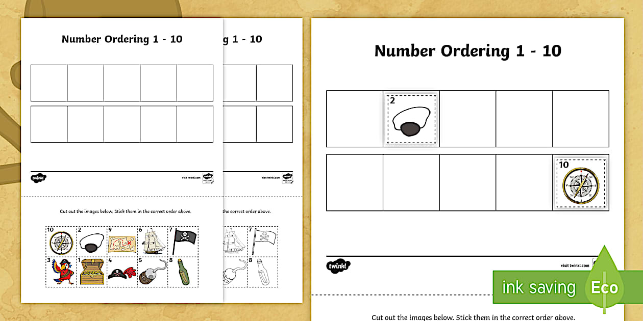 Pirate Themed Cut and Stick Number Ordering Sheets 1-10 - pirate