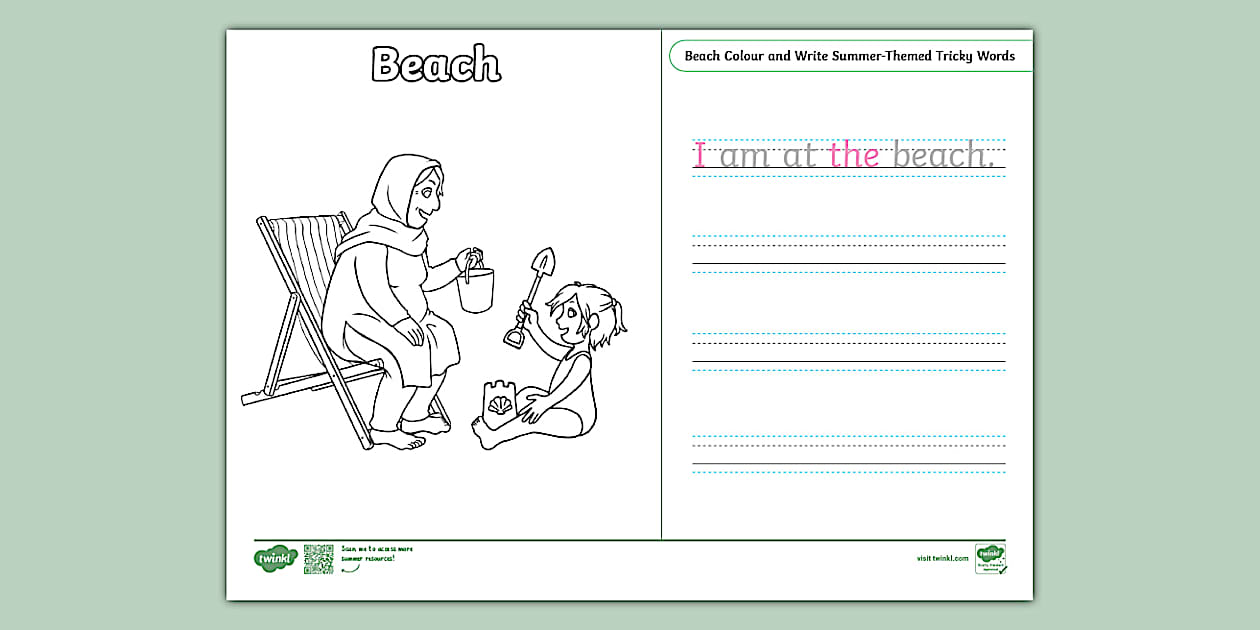 Summer at the Beach Colour and Write Tricky Words - Twinkl