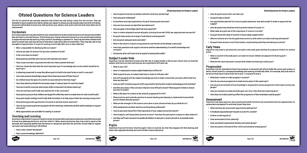 Science Deep Questions Science Subject Leaders | Ofsted