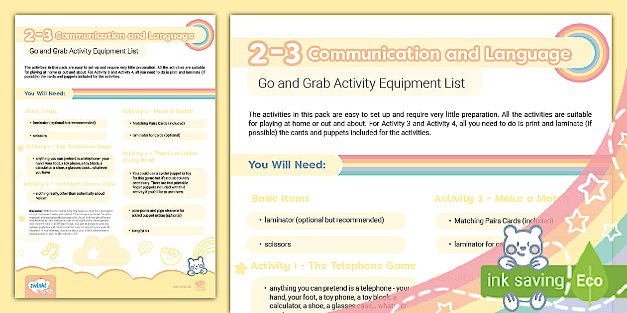 Age 2-3 Communication and Language Activity Equipment List