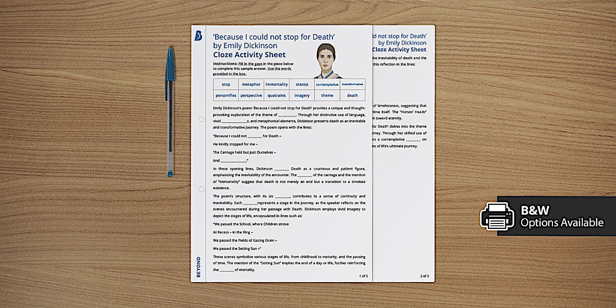 'Because I could not stop For Death' - Emily Dickinson Cloze Activity