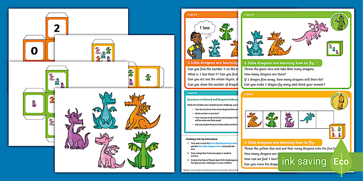 👉 EYFS Maths: 1 Less 0-5 Chilli Challenges: Flying Dragons
