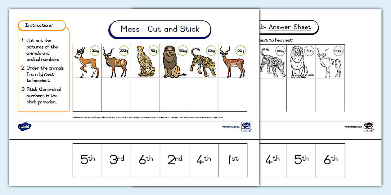 Grade 2 Maths Term 2 Mass: Cut and Stick Activity (CAPS Aligned)