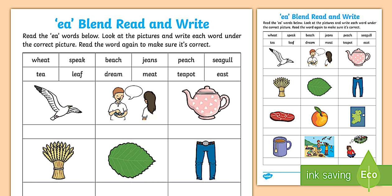 Black and White 'ea' Read and Write Worksheet - Twinkl