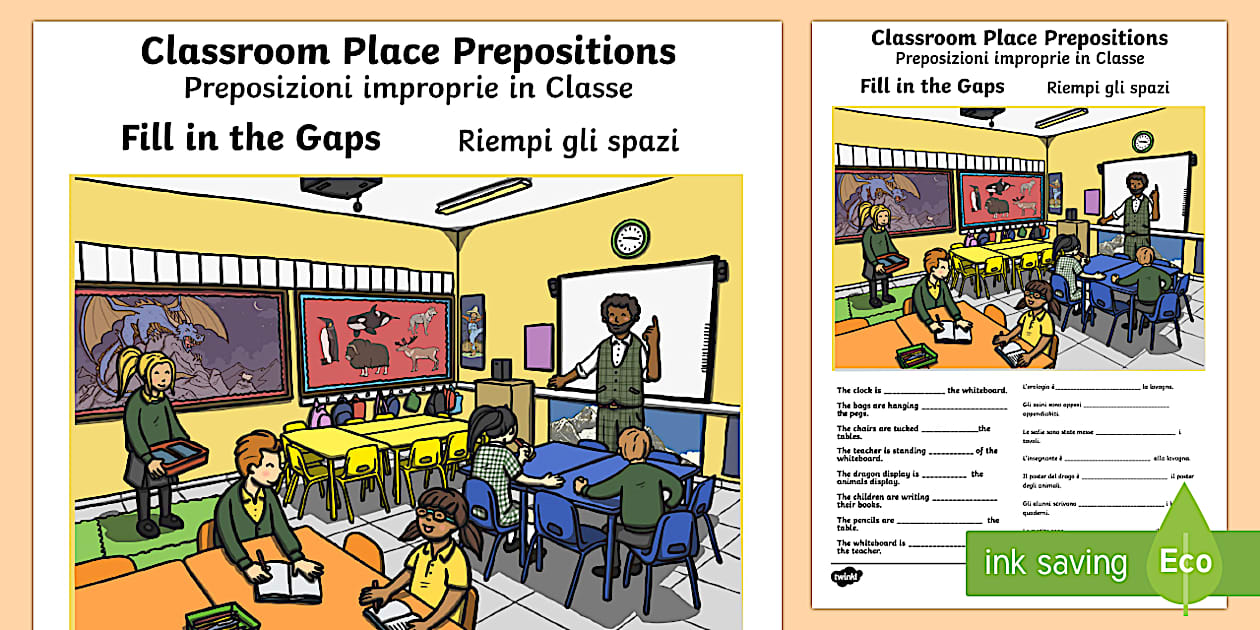 Classroom Place Prepositions Fill in the Gaps English/Italian - Classroom