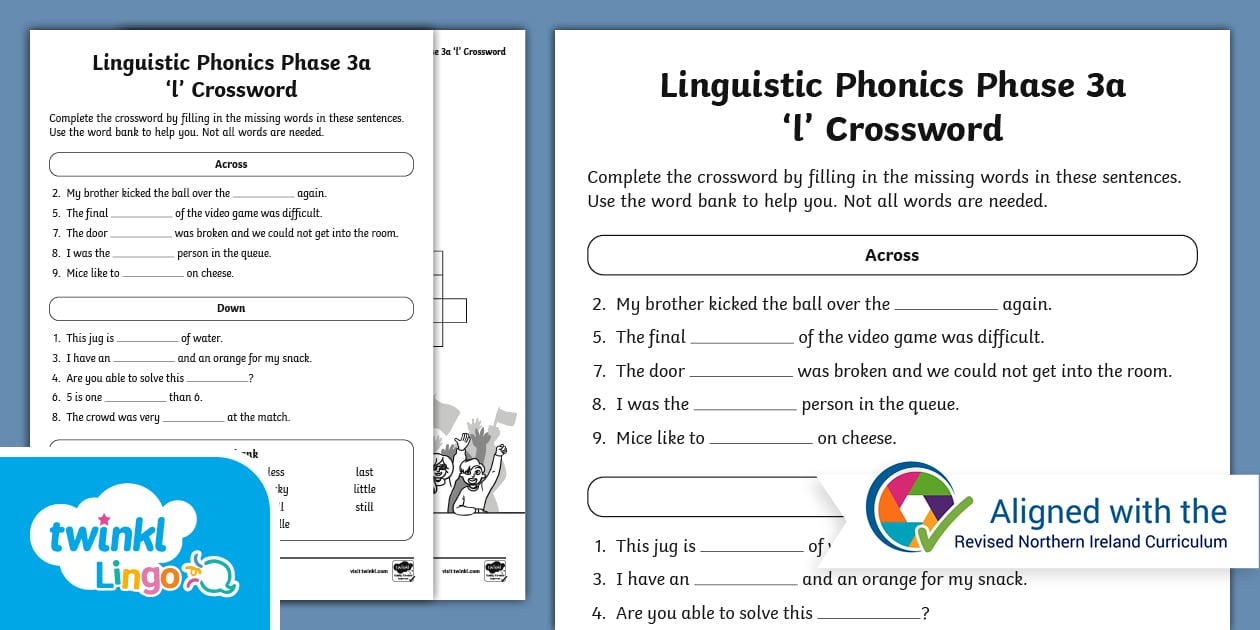 Linguistic Phonics Phase 3a 'l' Crossword - Twinkl