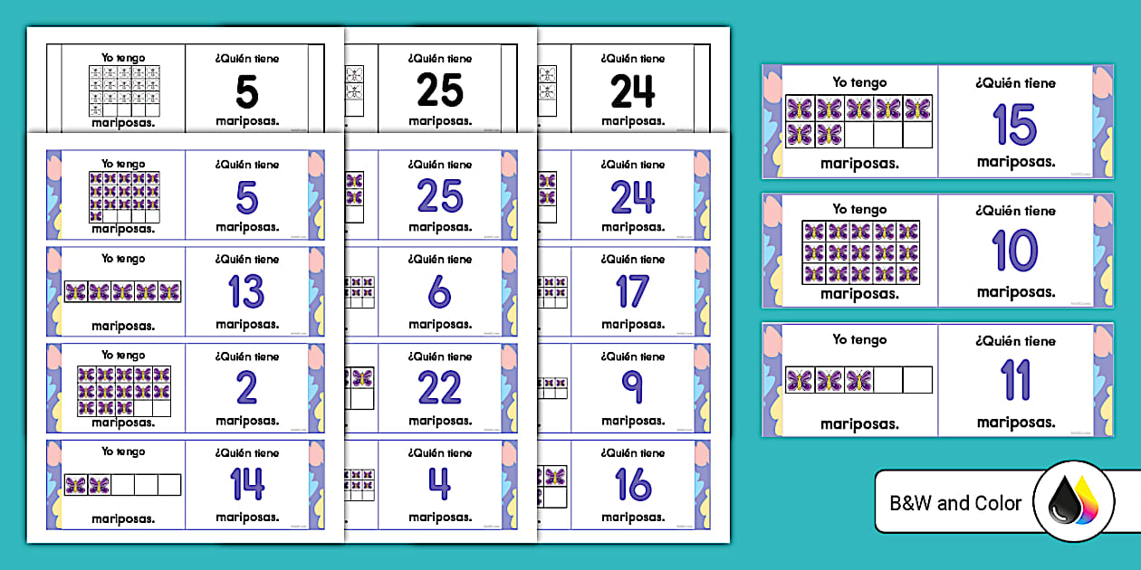 Yo tengo, quién tiene: Juego de números del 1-28 de mariposas