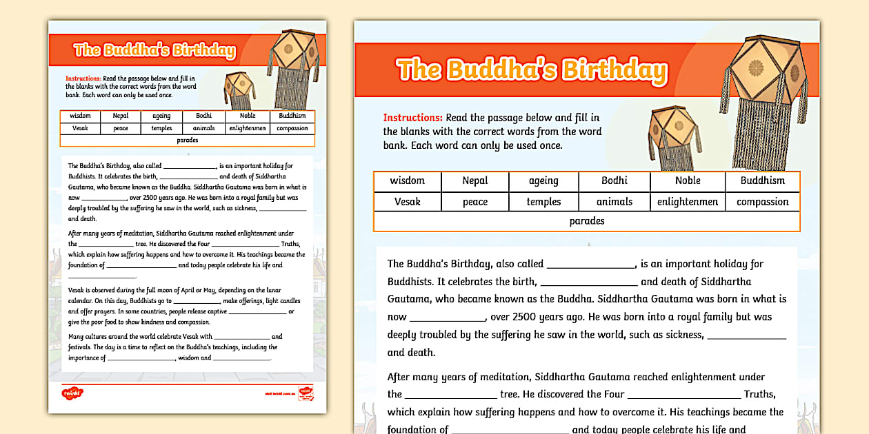 The Buddha's Birthday Cloze Activity Sheet (teacher made)
