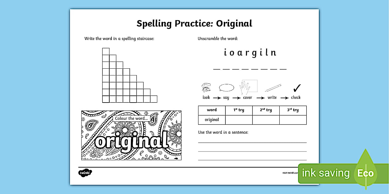 Original Spelling Practice Worksheet