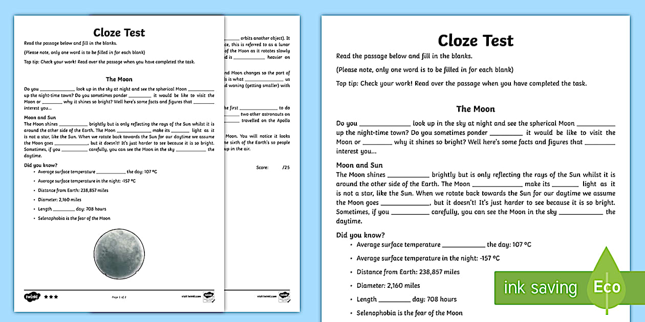 The Moon Differentiated Cloze Worksheet / Worksheets