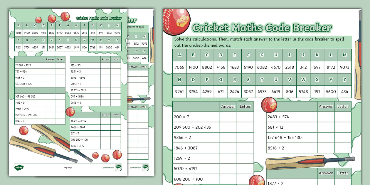 👉 Year 6 Cricket Themed Maths Code Breaker - Twinkl