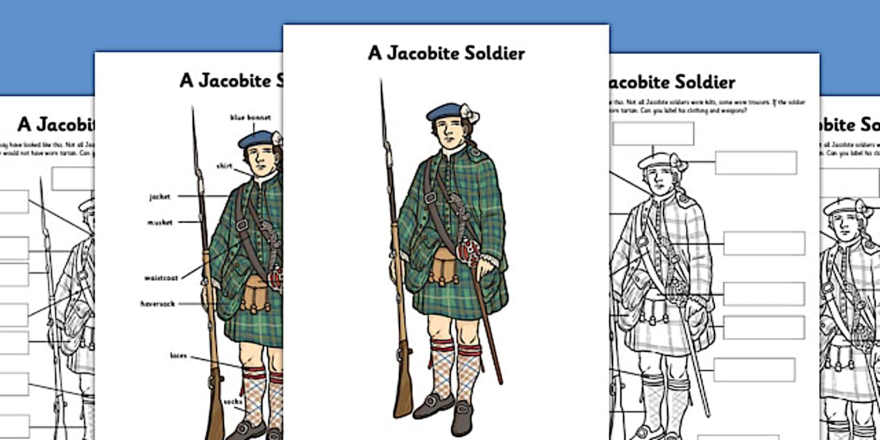 Black and White A Jacobite Soldier Poster and Differentiated Worksheets