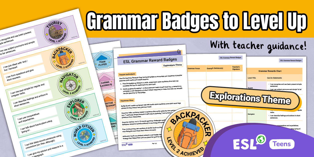 ESL Grammar Reward Badges - Explorations Theme [Teens]