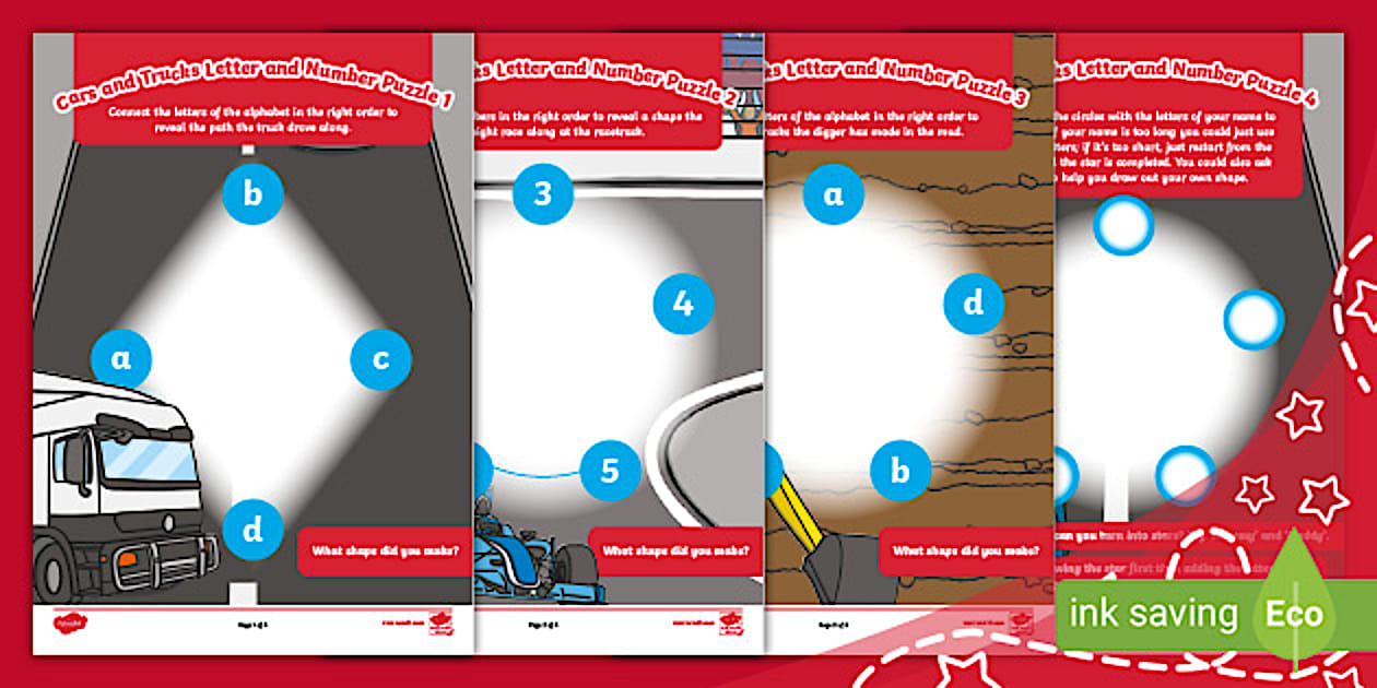 Cars and Trucks Letter and Number Puzzles - Twinkl