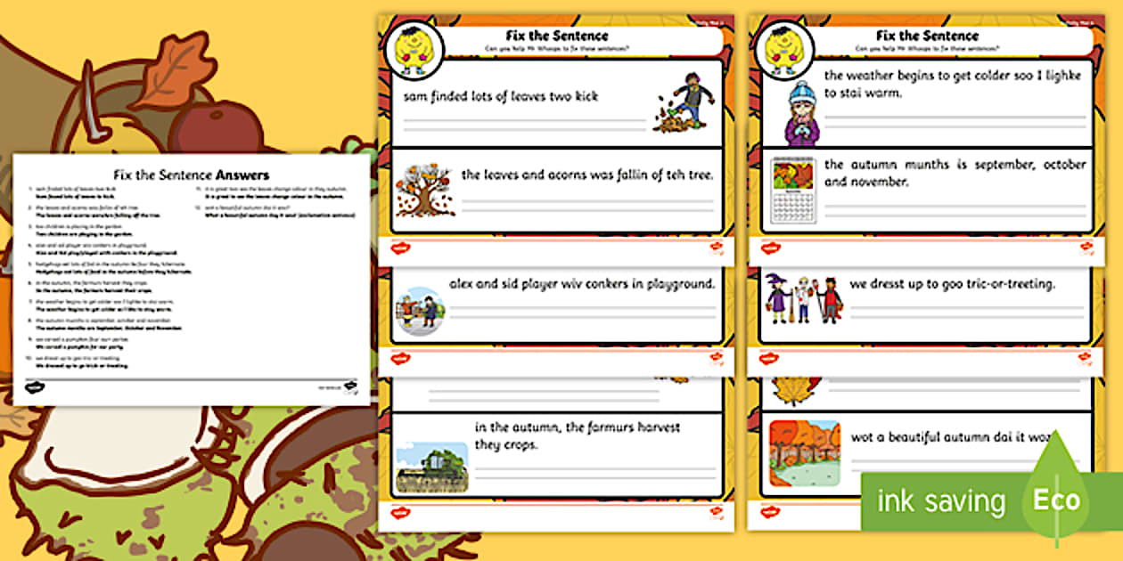 Editable KS1 Autumn Fix the Sentence Activity Mat Pack