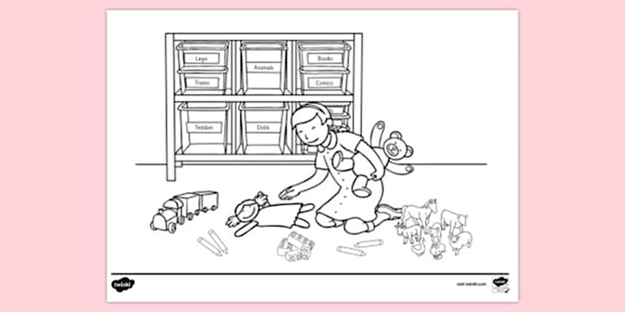 Child Picking Toys Up Off The Floor Colouring Sheet | Colouring Sheets