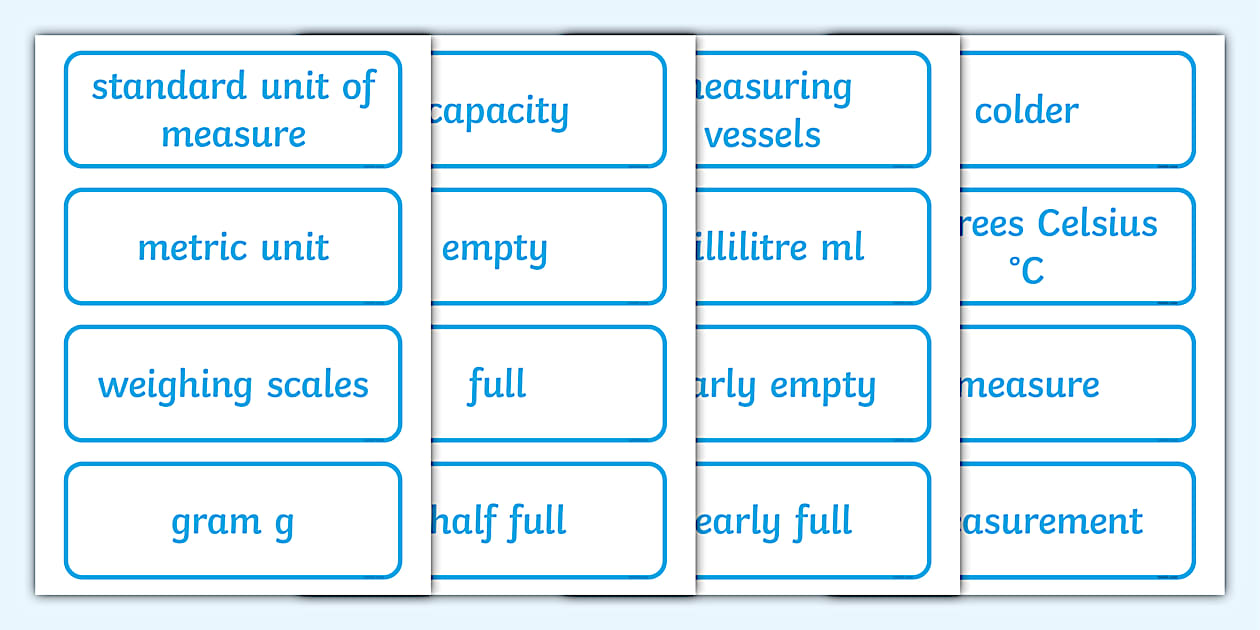 👉 Year 2 Mass, Capacity and Temperature Maths Vocabulary Cards