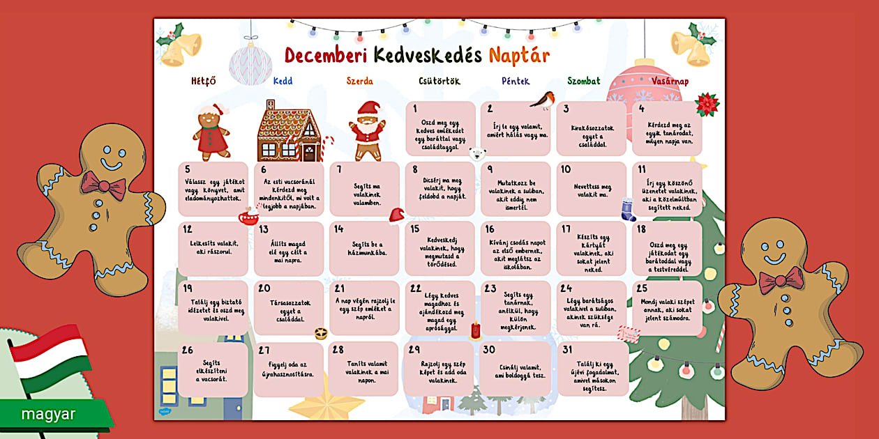 Decemberi Kedveskedés Naptár - Nyomtatható Adventi Ötlet