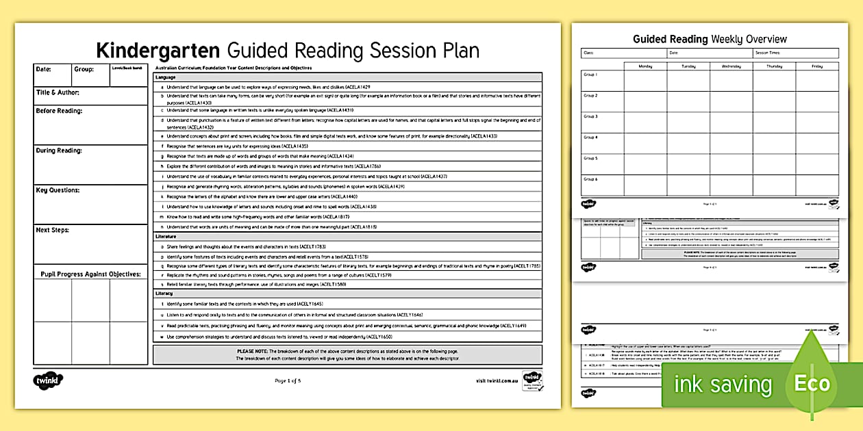 Editable Kindergarten Australian Curriculum Guided Reading Session Planning