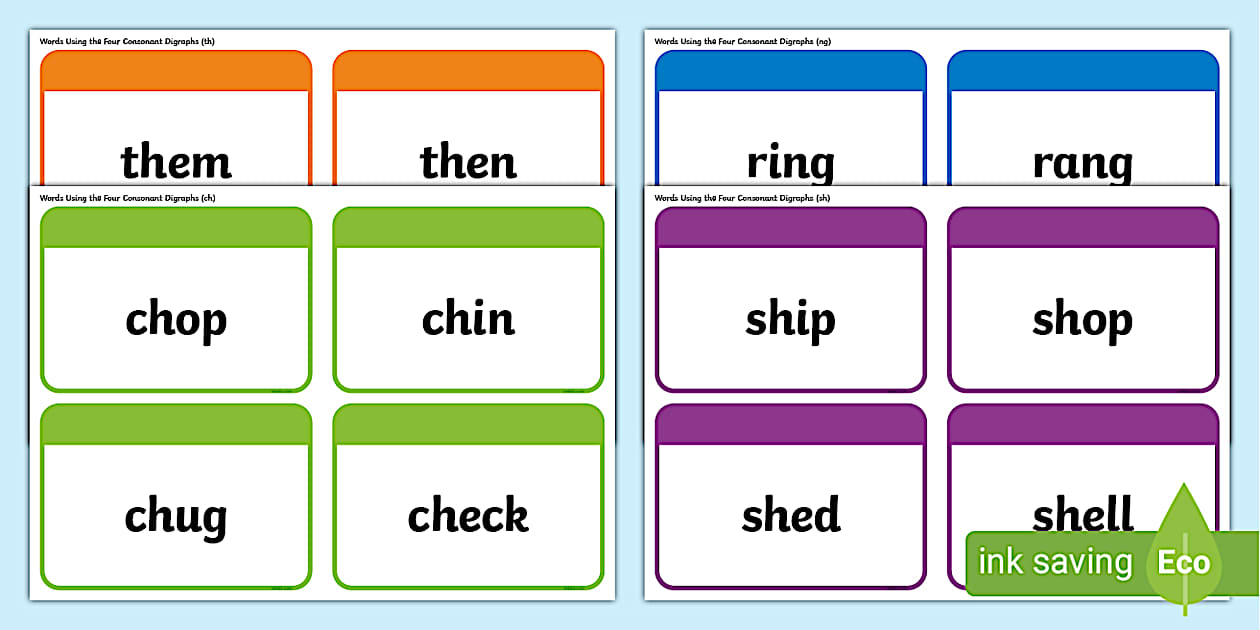 Four Consonant Digraphs List Flashards - Phonics Phase 3