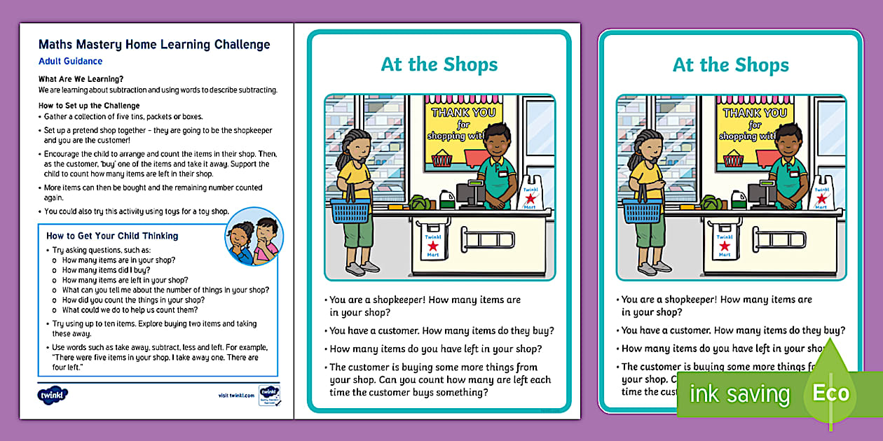 EYFS Maths Mastery Subtraction Home Learning Challenge: At the Shops