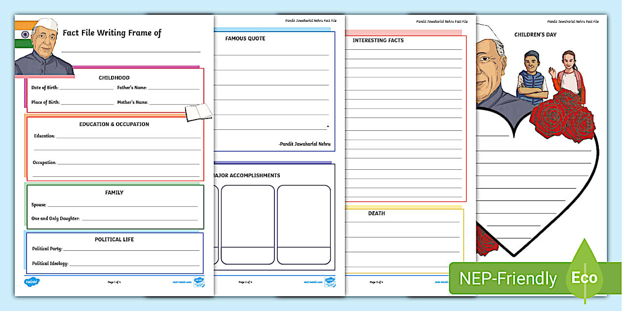 Pandit Jawaharlal Nehru Fact File Writing Frame Sheet