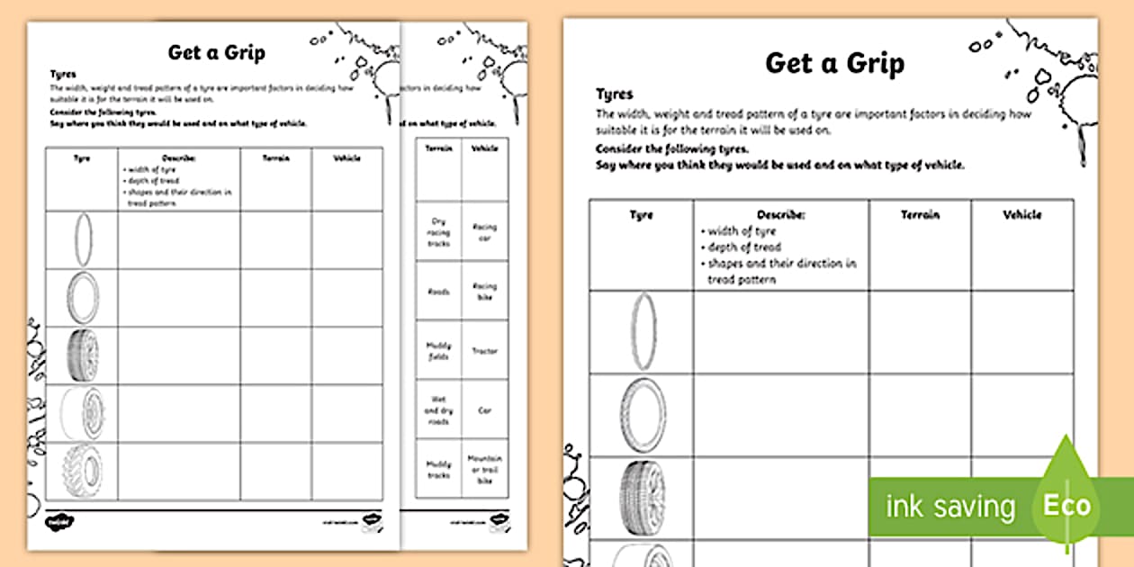 Get a Grip Tyres Worksheet - Twinkl