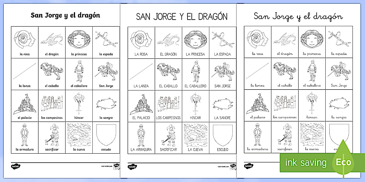 Hoja de colorear de vocabulario: San Jorge y el dragón