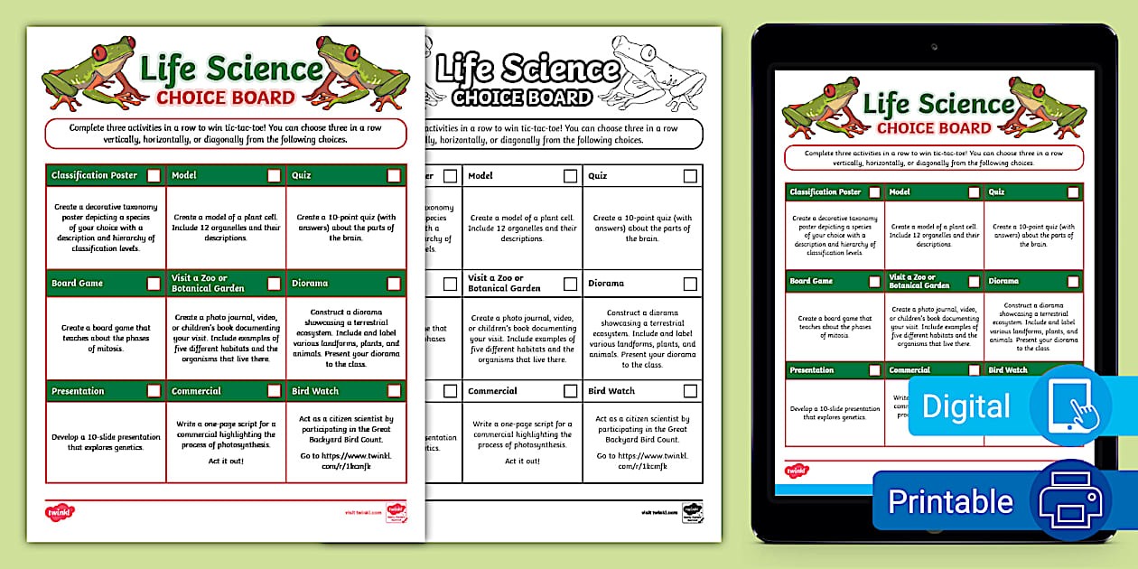 Life Science Choice Board for 6th-8th Grade (teacher made)